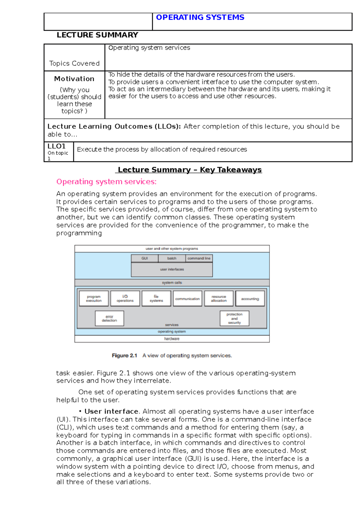 OS5 - operation and its uses - OPERATING SYSTEMS LECTURE SUMMARY Topics Covered Operating system ...