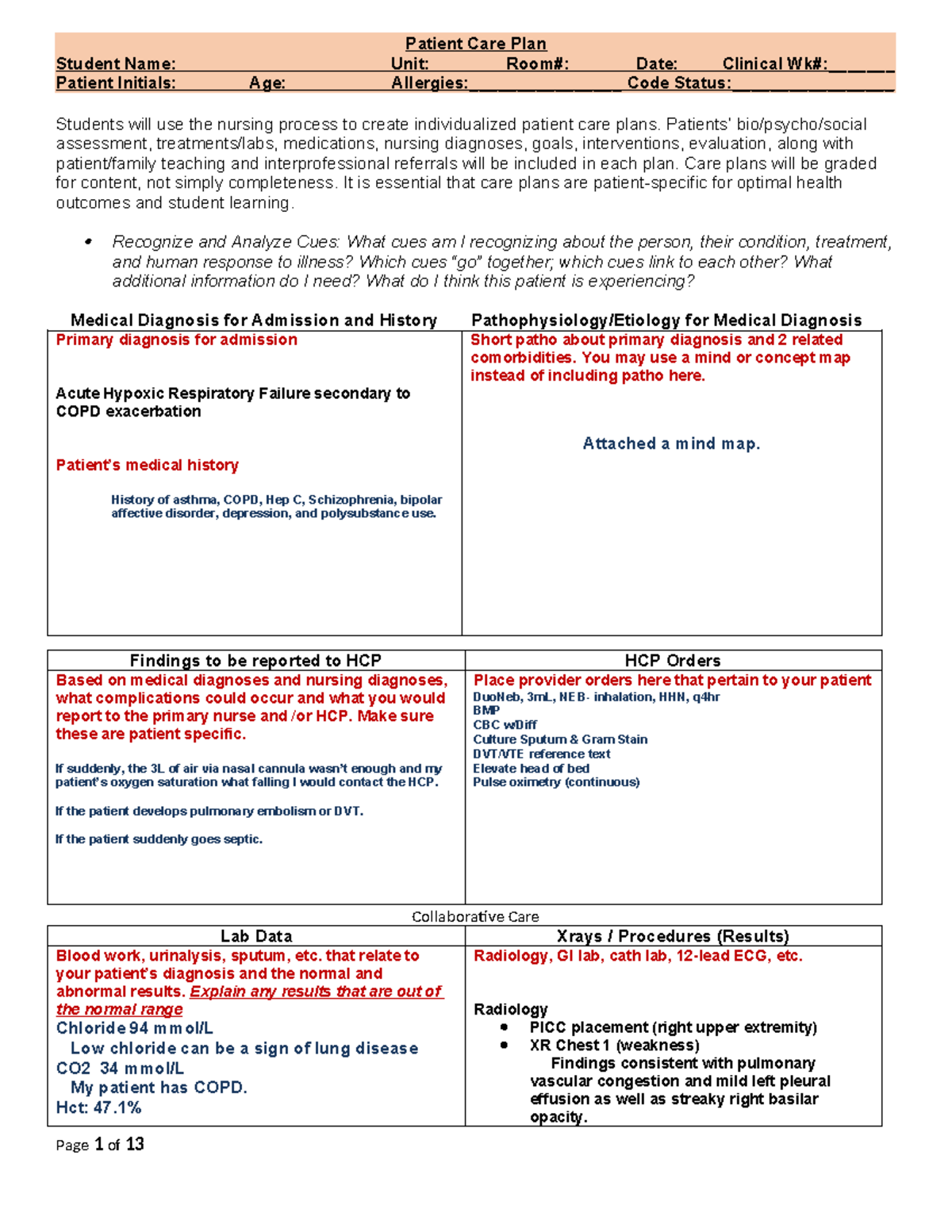 Care Plan 1 - Patient Care Plan Student Name: Unit: Room#: Date ...