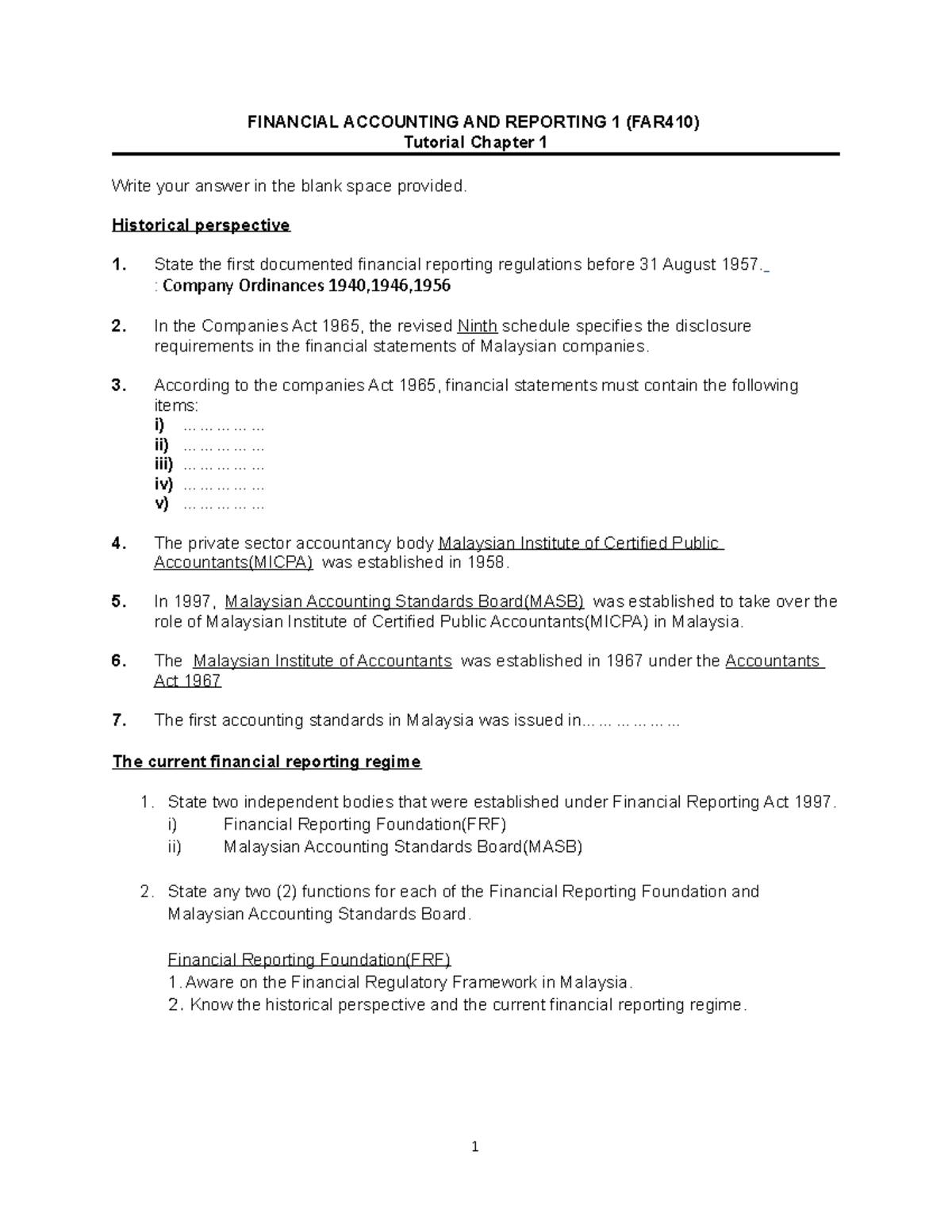 FAR410 Tutorial Chapter 1 Question - FINANCIAL ACCOUNTING AND REPORTING 1 (FAR410) Tutorial ...