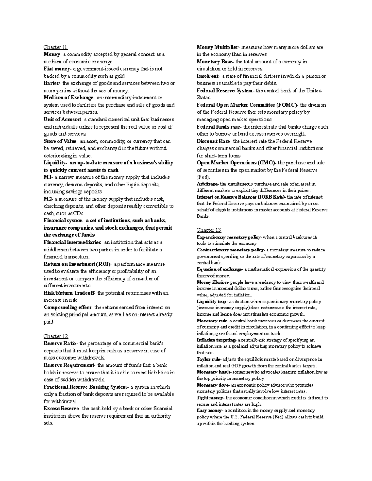 Econ Exam 3 Cheat Sheet - Chapter 11 Money- a commodity accepted by ...