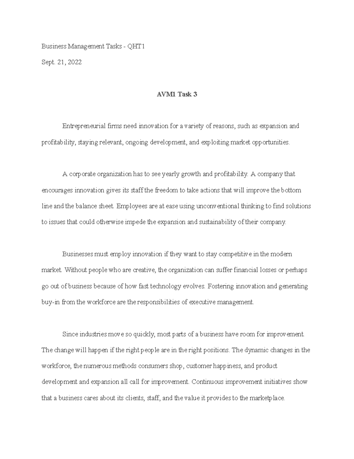 AVM1 - Task 3 - N/A - Business Management Tasks - QHT Sept. 21, 2022 ...