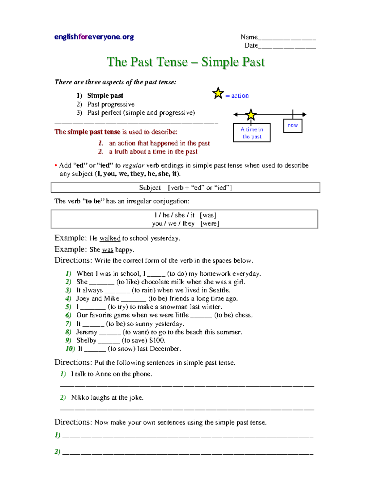 Past Simple - Student - now A time in the past englishforeveryone Name ...