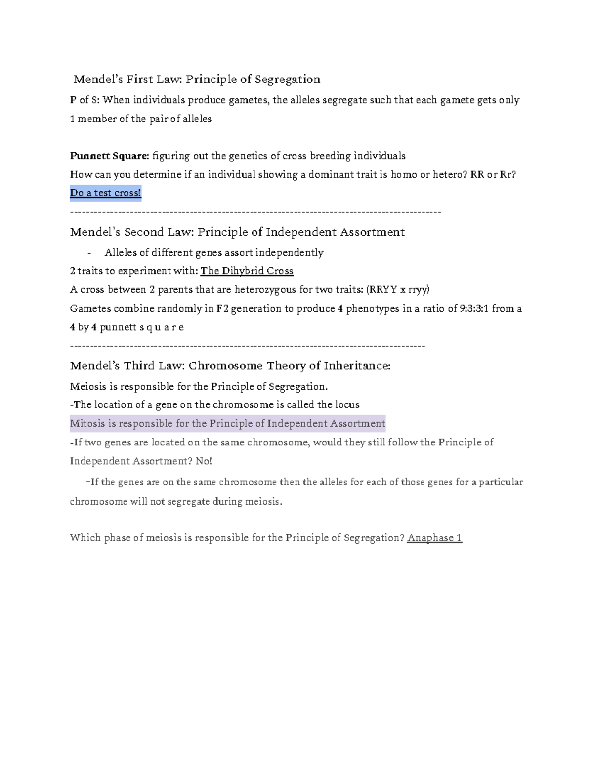 Bio106 - lecture notes + terms and examples - Mendel’s First Law ...