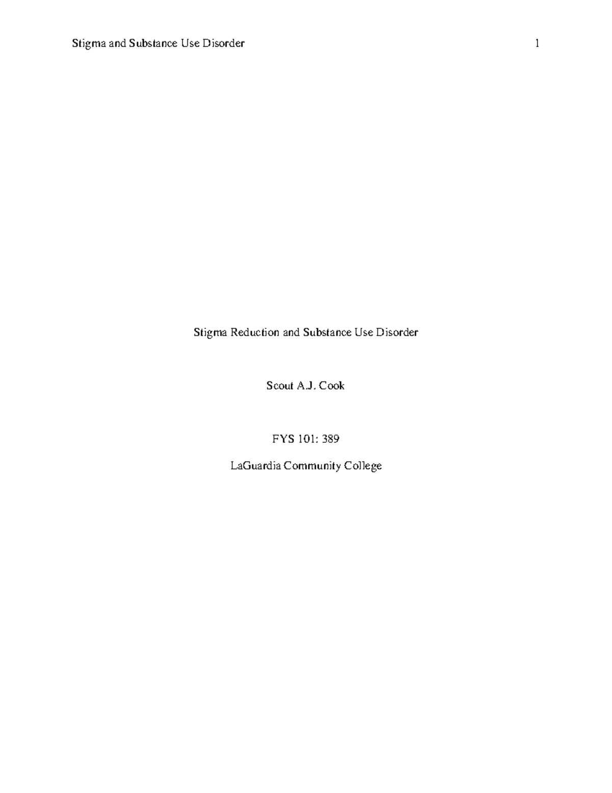 Stigma Reduction and Substance Use Disorder - Cook FYS 101: 389 ...