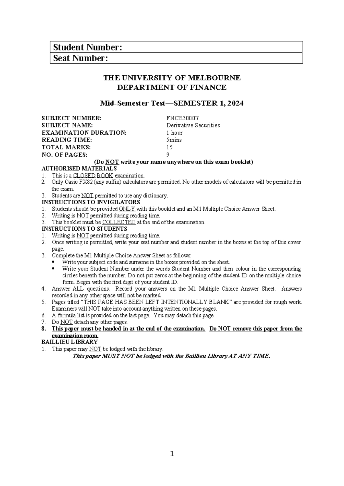 FNCE30007 Mid-sem test B with solutions - Student Number: Seat Number ...