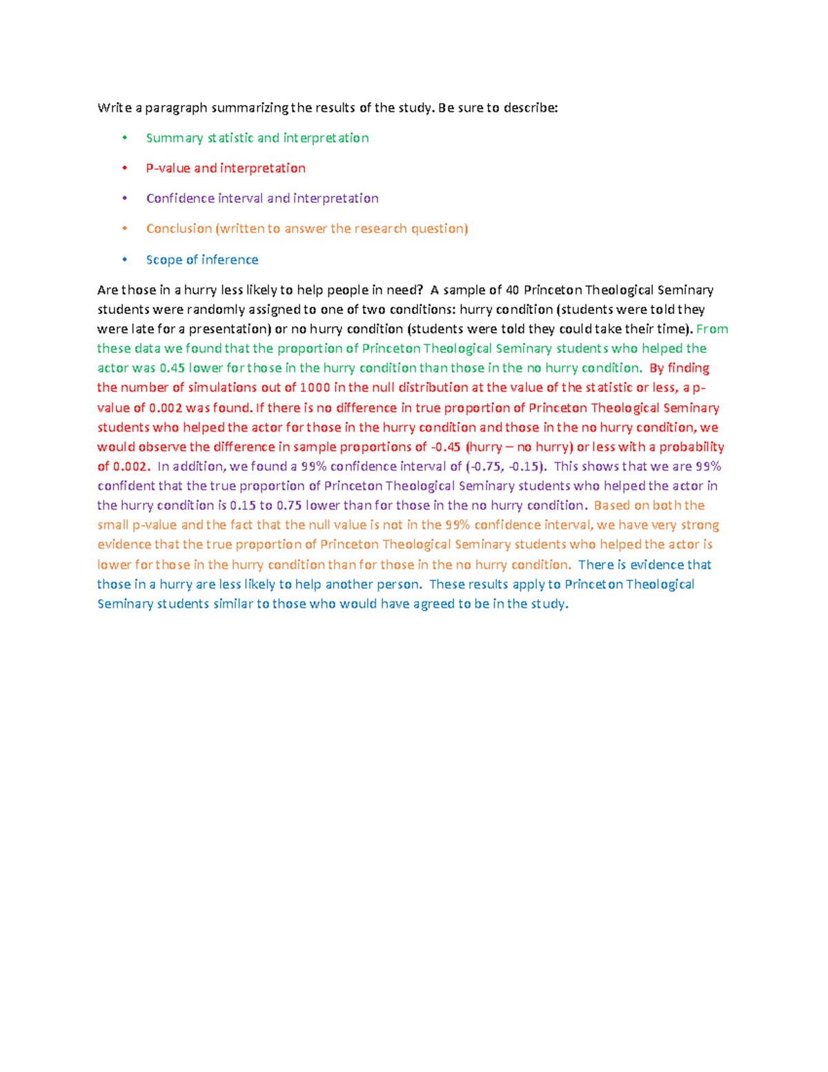 Summary paragraph week 8 solution - Write a paragraph summarizing the results of the study. Be ...