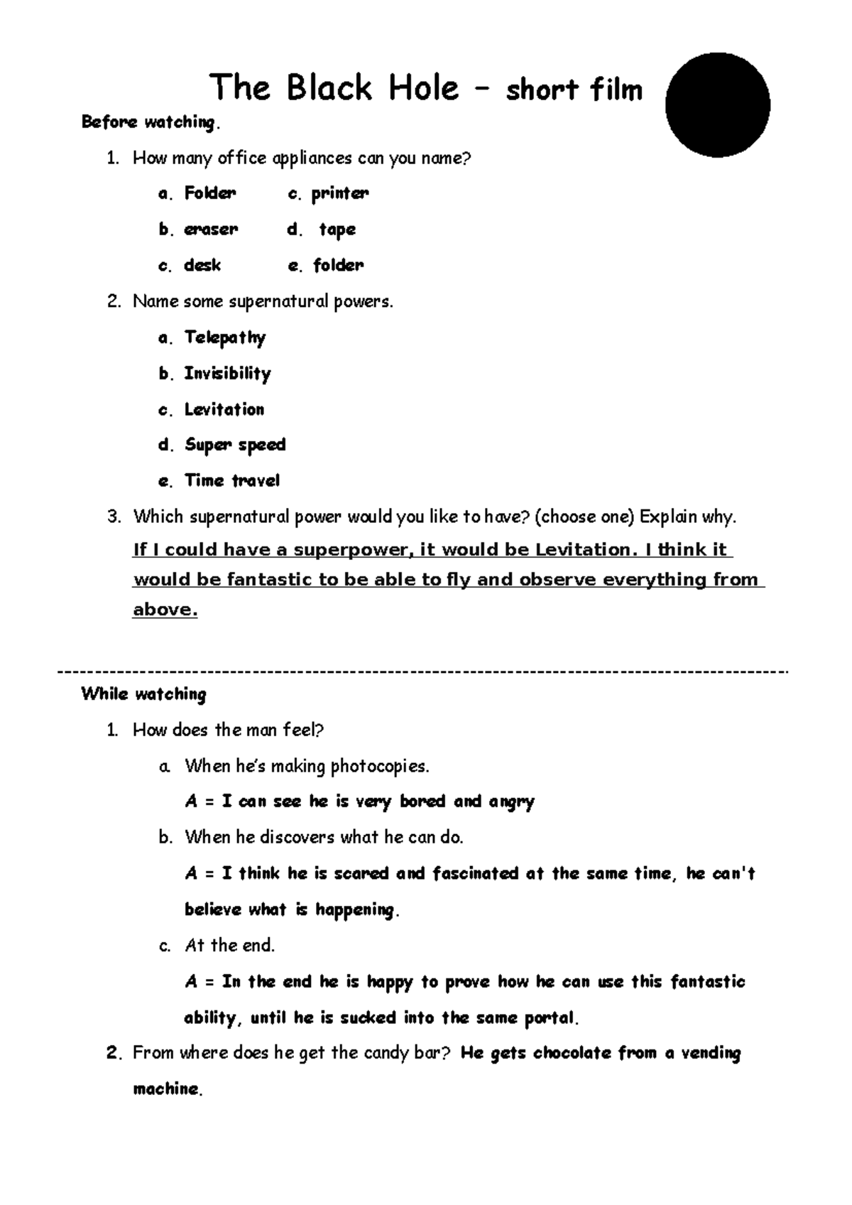 Actividad The black - The Black Hole – short film Before watching. 1 ...