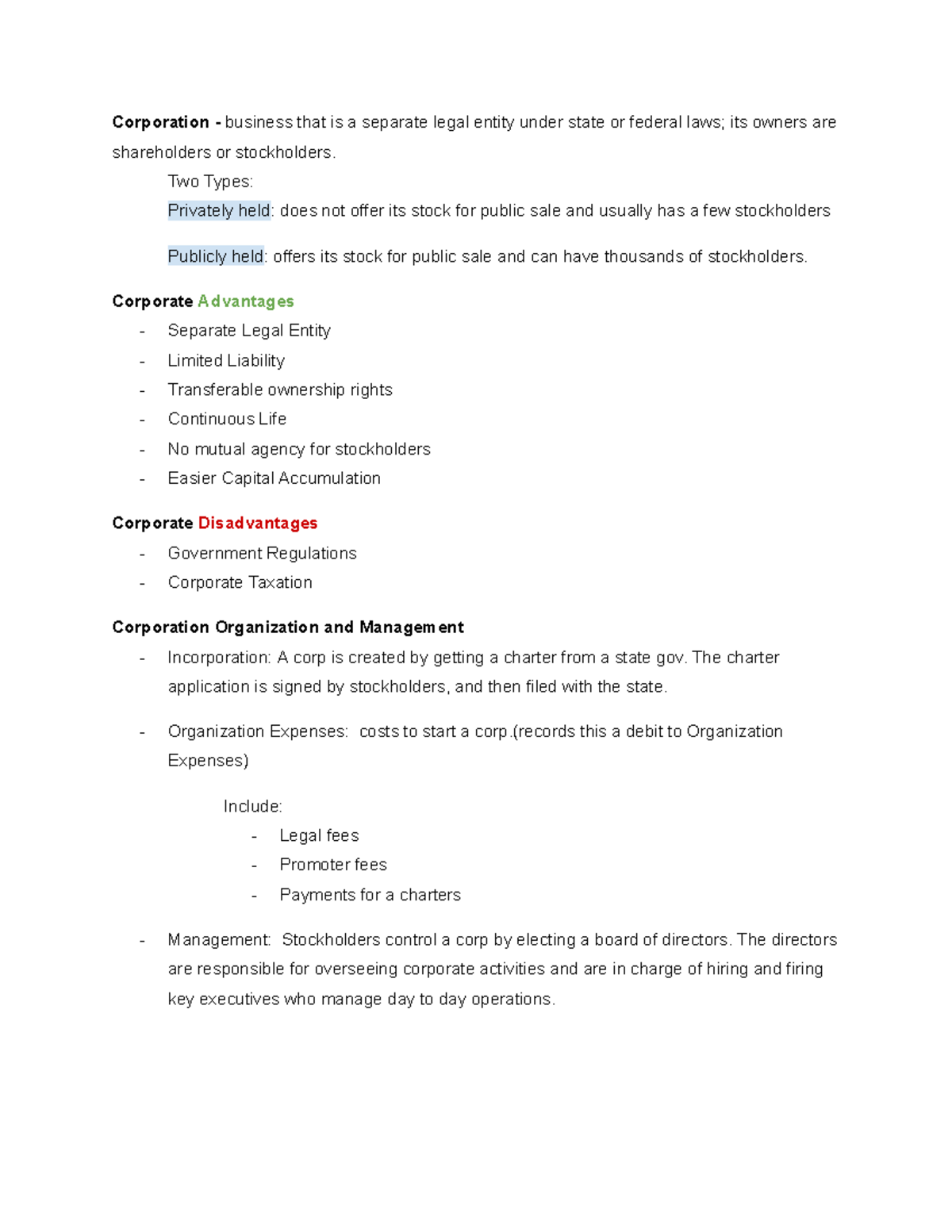 Corporation Org. Notes pg1 - Corporation - business that is a separate ...