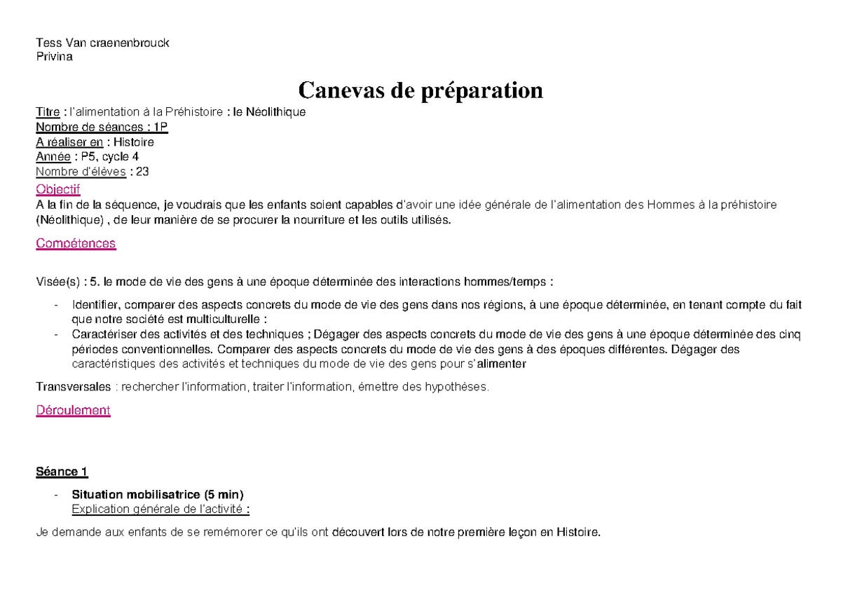 Canevas alimentation Néolithique - Privina Canevas de préparation Titre ...