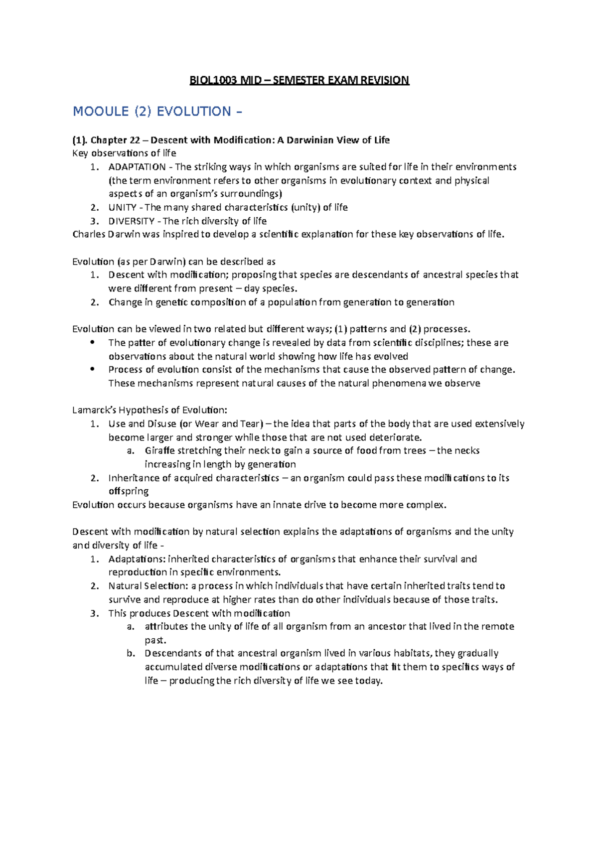 Evolution Lecture Notes Revision Biol1003 Mid Semester Exam