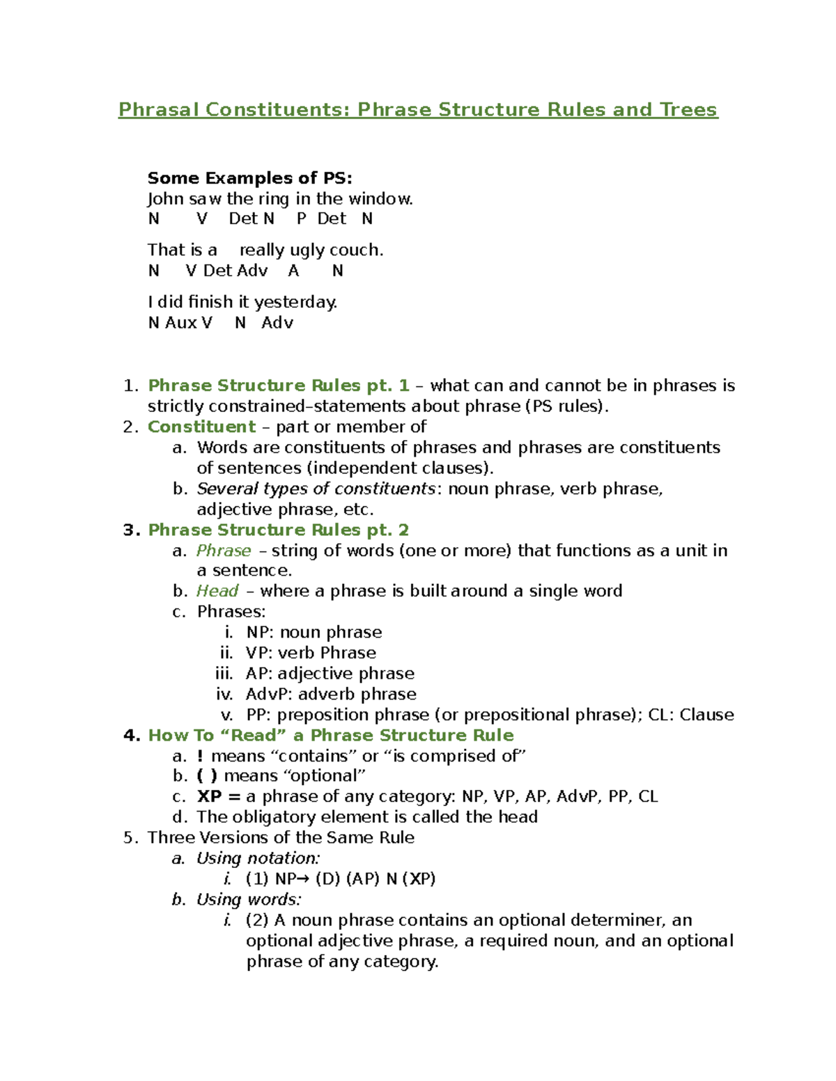 一 Week 11 Notes Phrasal - Phrasal Constituents: Phrase Structure Rules ...