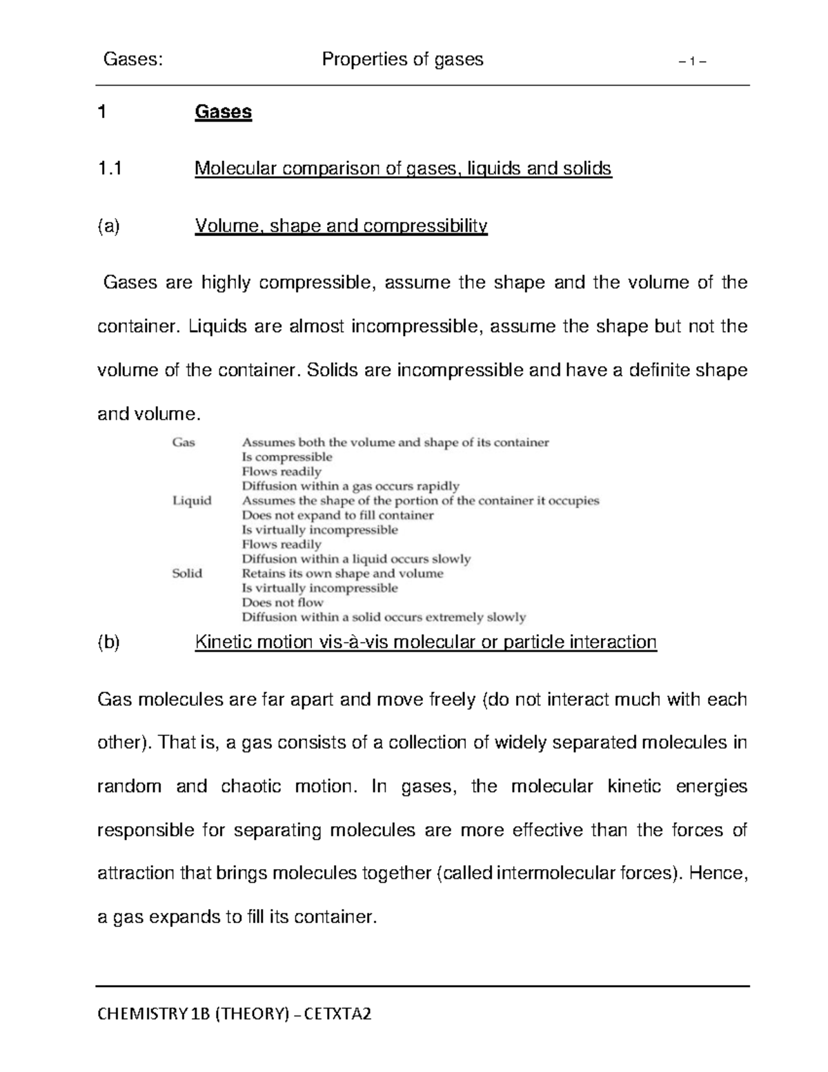 Gases - lesson 1 - notes - 1 Gases 1 Molecular comparison of gases ...