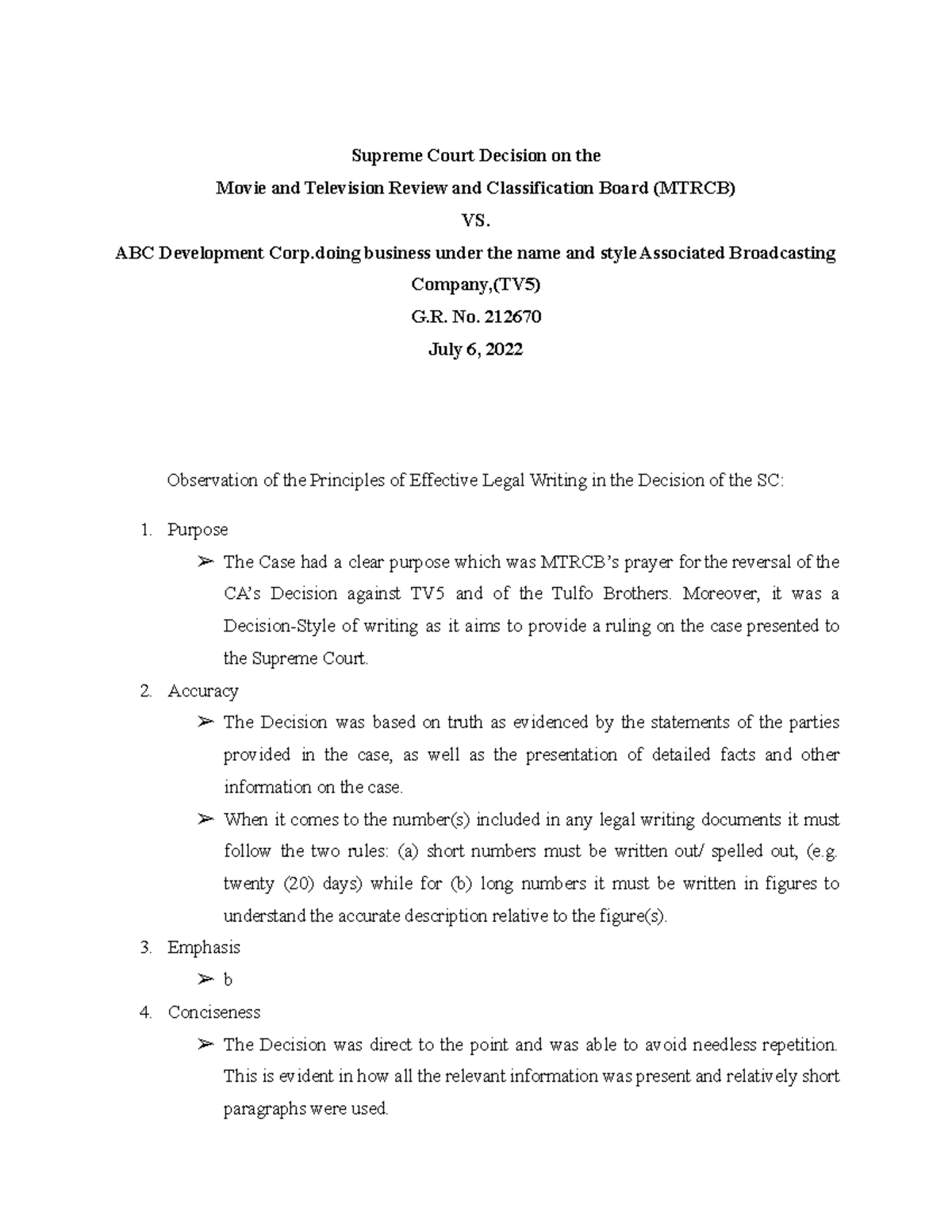 Copy of Legal Writing - sda - Supreme Court Decision on the Movie and ...