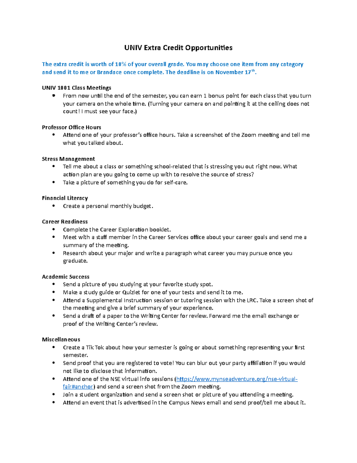 UNIV Extra Credit Opportunities - You may choose one item from any ...