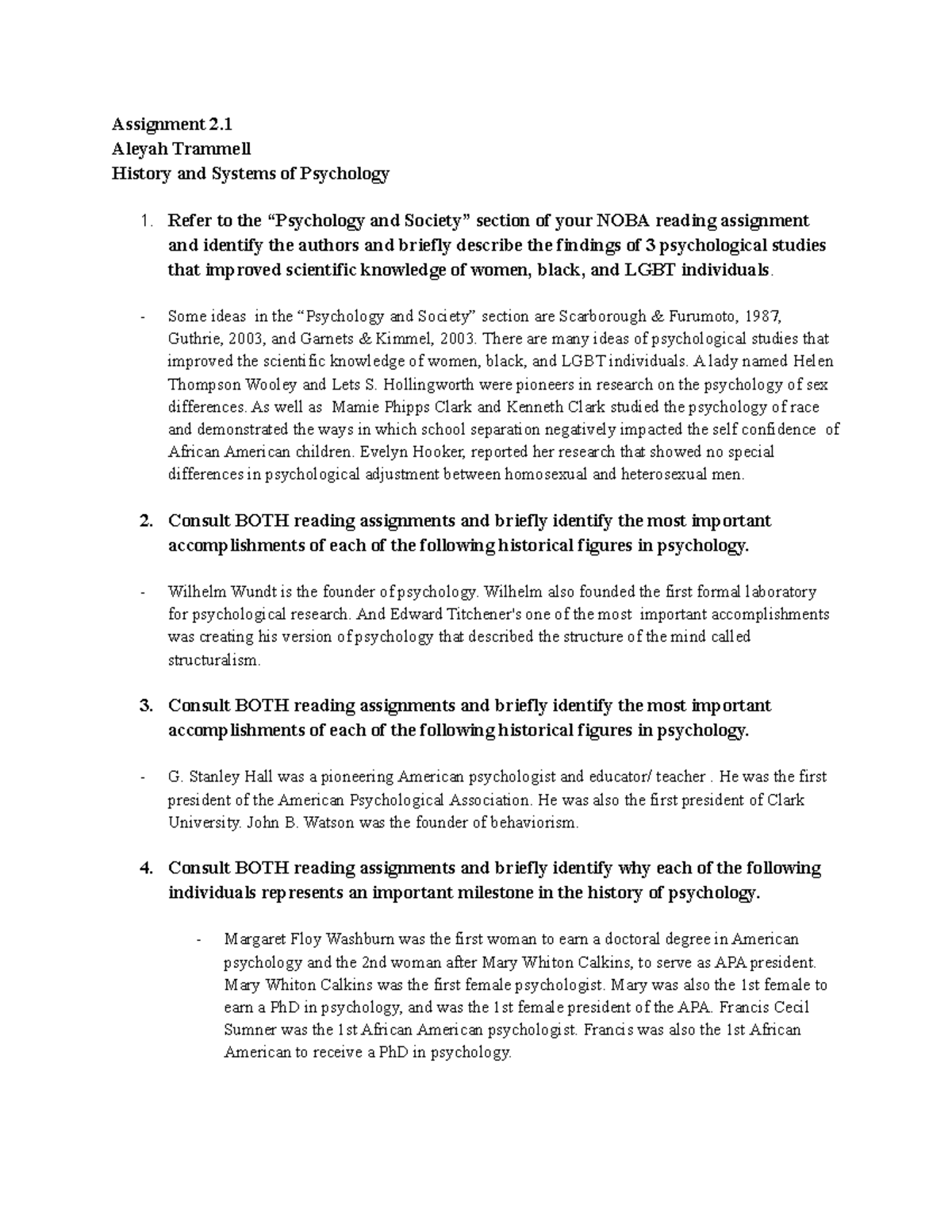 Assignment 2 History and Systems of Psychology - Assignment 2. Aleyah ...