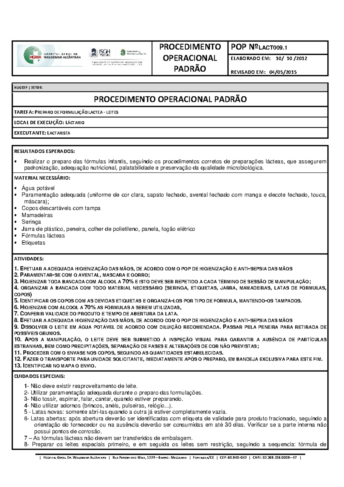 Pop Lactário Hospital - PROCEDIMENTO OPERACIONAL PADRÃO POP NºLACT009 ...