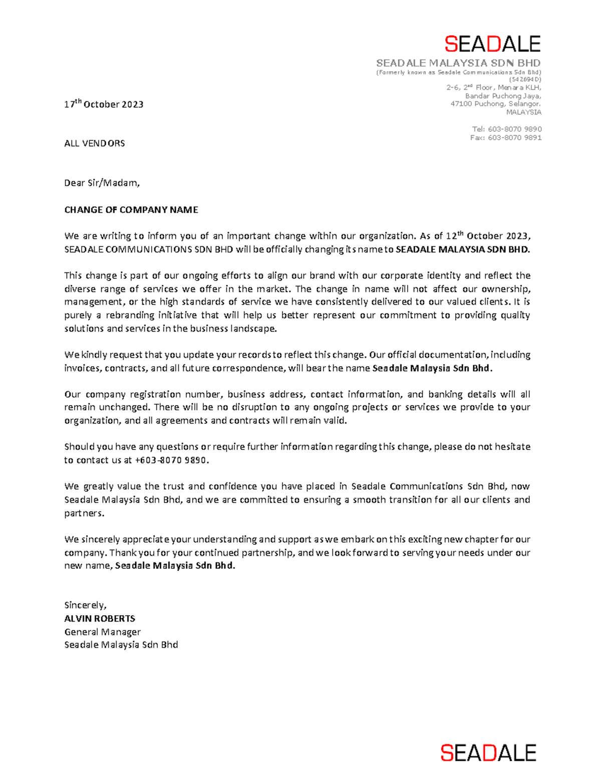 Change of company name-Seadale Malaysia Sdn Bhd(Vendor) - SEADALE ...