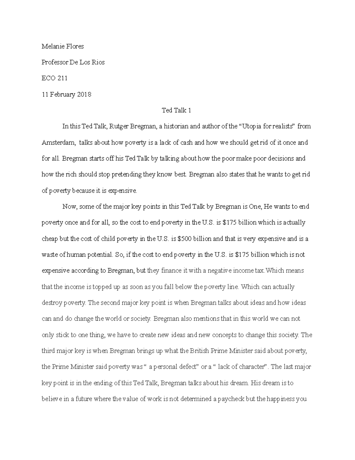 Ted talk 1 assignment - Melanie Flores Professor De Los Rios ECO 211 11 ...