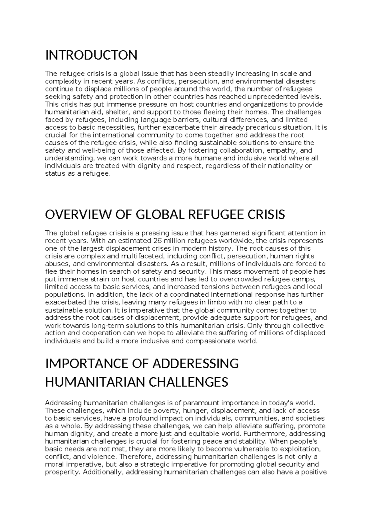 International LAW - INTRODUCTON The refugee crisis is a global issue ...
