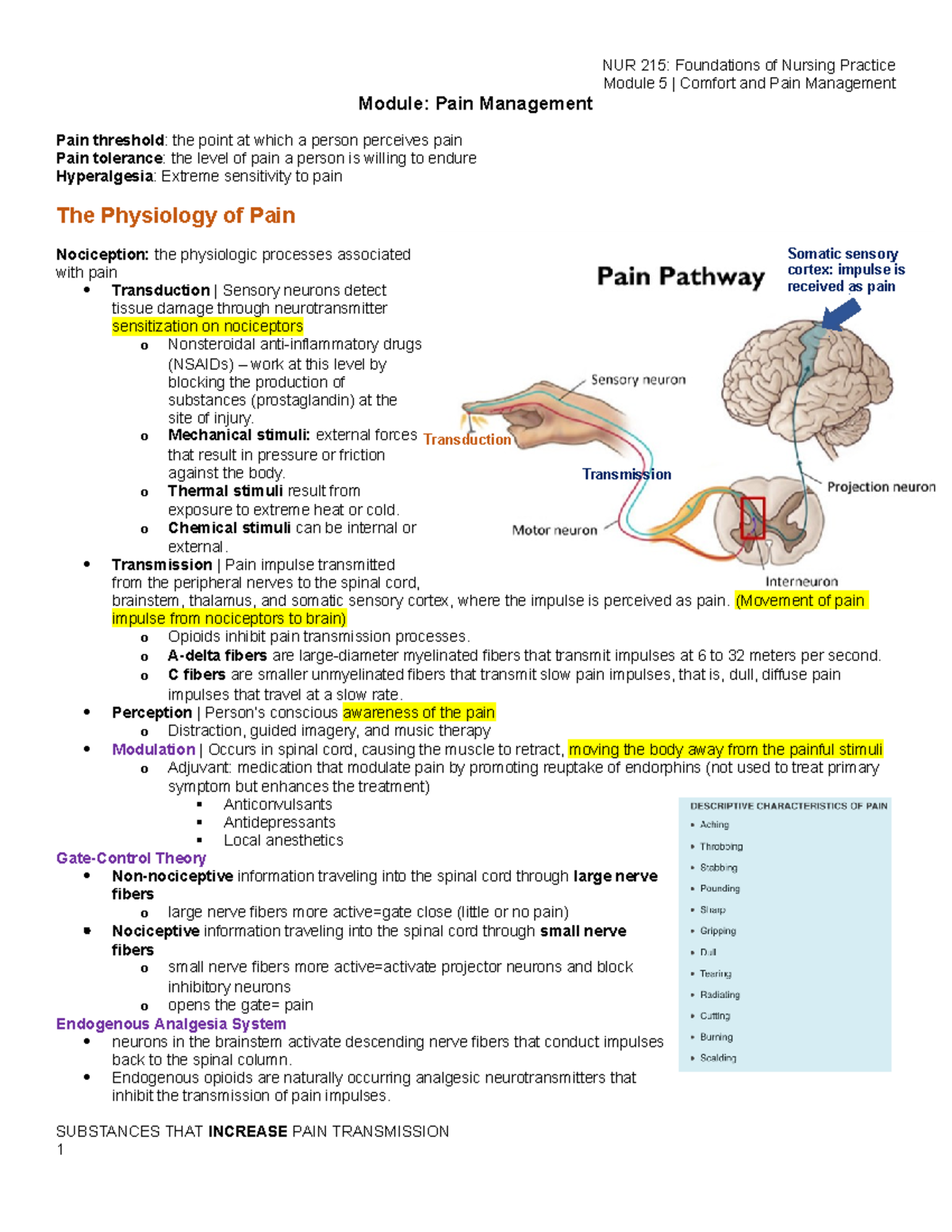 Module- Pain Management - Module 5 | Comfort and Pain Management Module ...