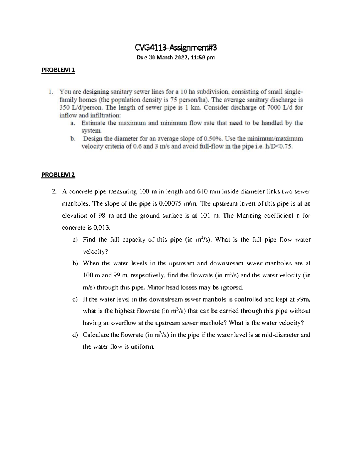 CVG4113 2022 Assignment 3 - CVG4113-Assignment# Due 3 0 March 2022, 11:59 pm PROBLEM 1 PROBLEM 2 ...