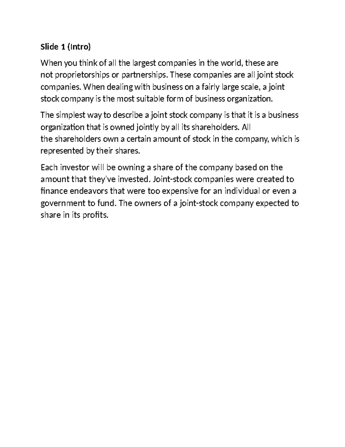 Joint Stock Company - Basic lecture notes - Slide 1 (Intro) When you ...