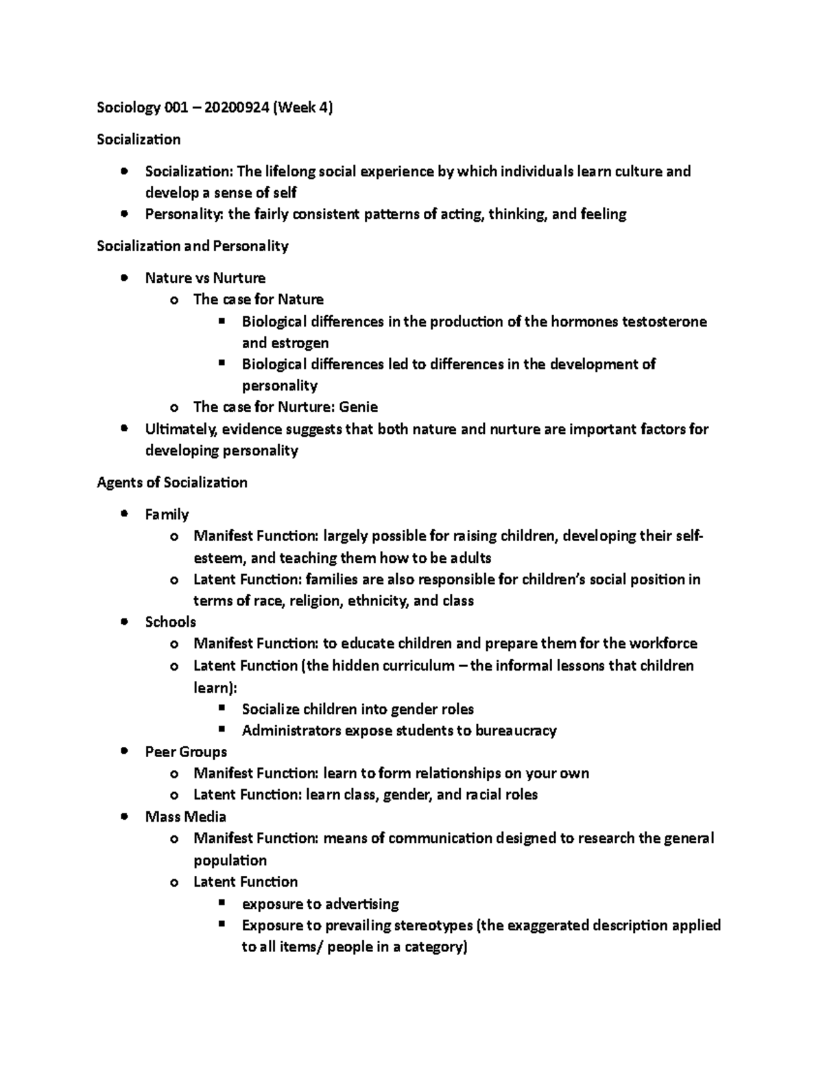 Sociology 001Wk4-202009 24 - Sociology 001 – 20200924 (Week 4 ...