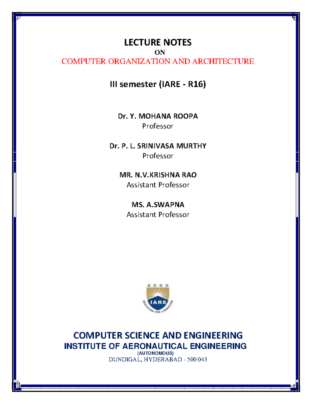 Coa Lecture Notes 0 1 30 Lecture Notes On Computer Organization And