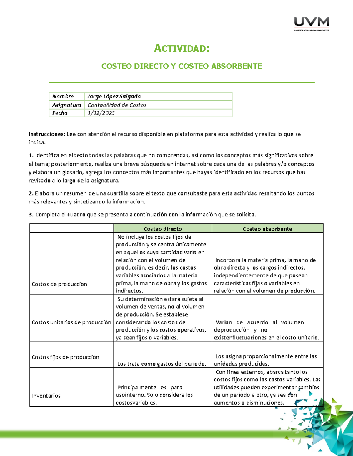Cuadro comparativo - ACTIVIDAD: COSTEO DIRECTO Y COSTEO ABSORBENTE Nombre Jorge López Salgado ...