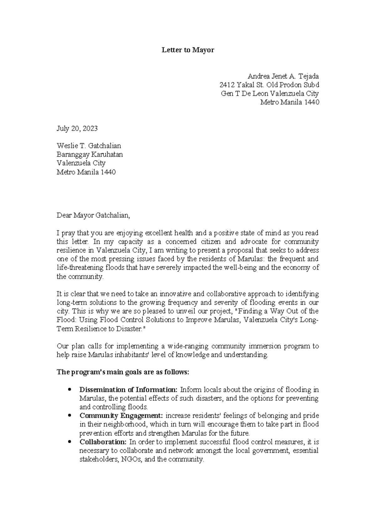 Letter-to-Mayor - letter to mayor - Letter to Mayor Andrea Jenet A ...