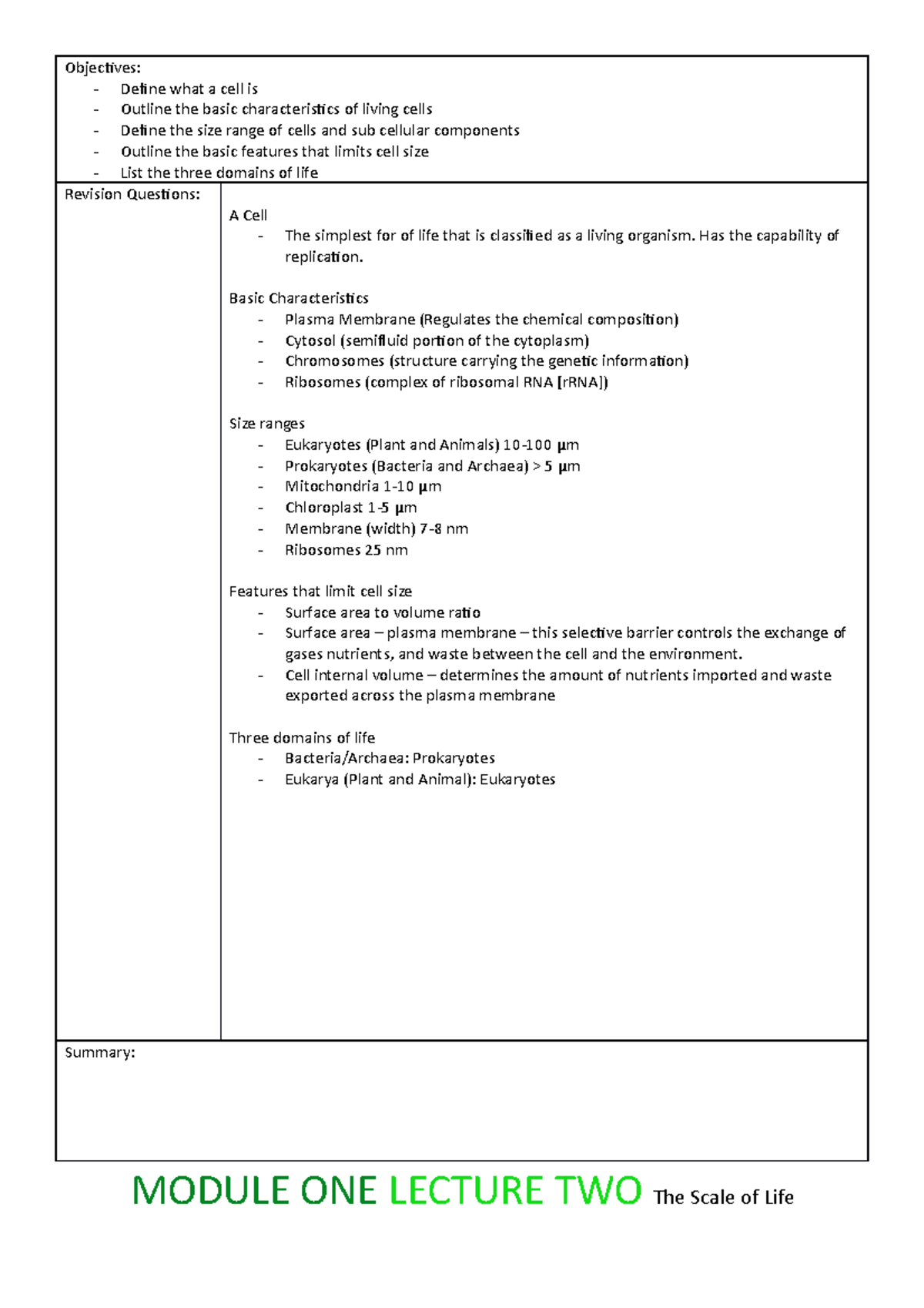 Module 1 Lecture 2 - Objectives: - Define what a cell is - Outline the basic characteristics of ...