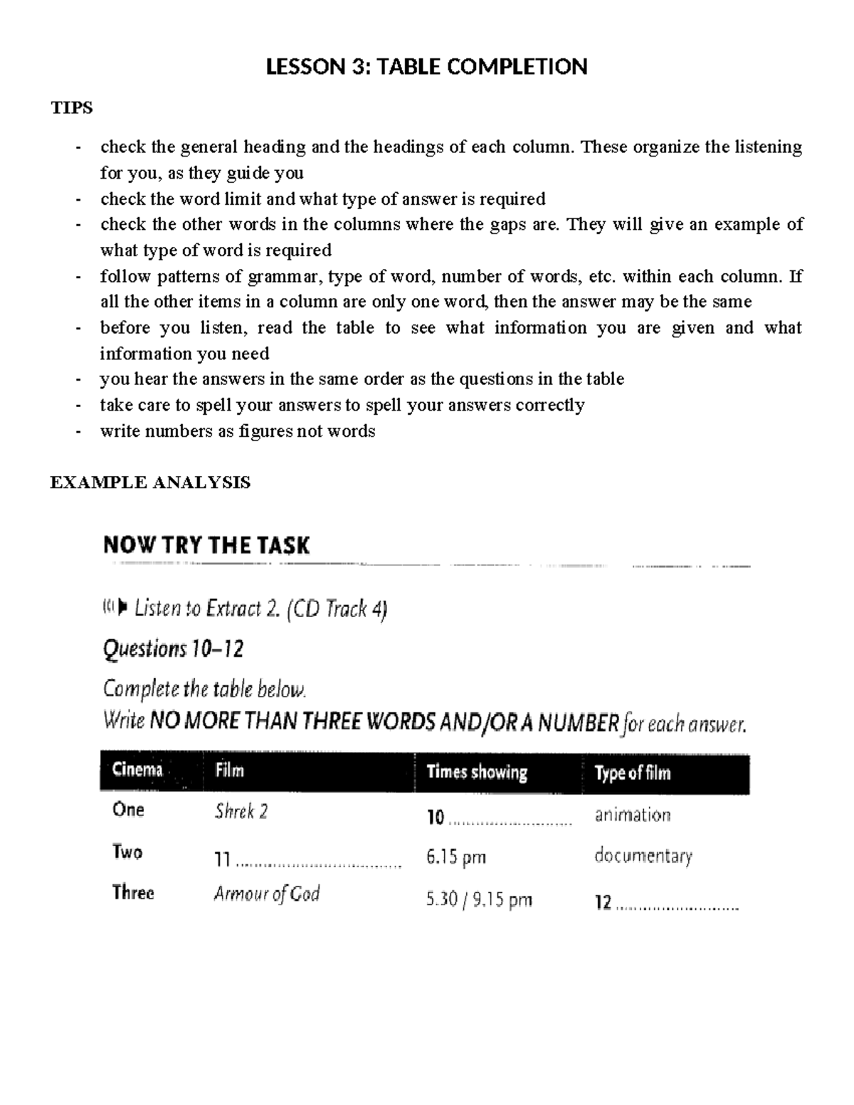 Lesson 3-listening updated - LESSON 3: TABLE COMPLETION TIPS check the general heading and the ...