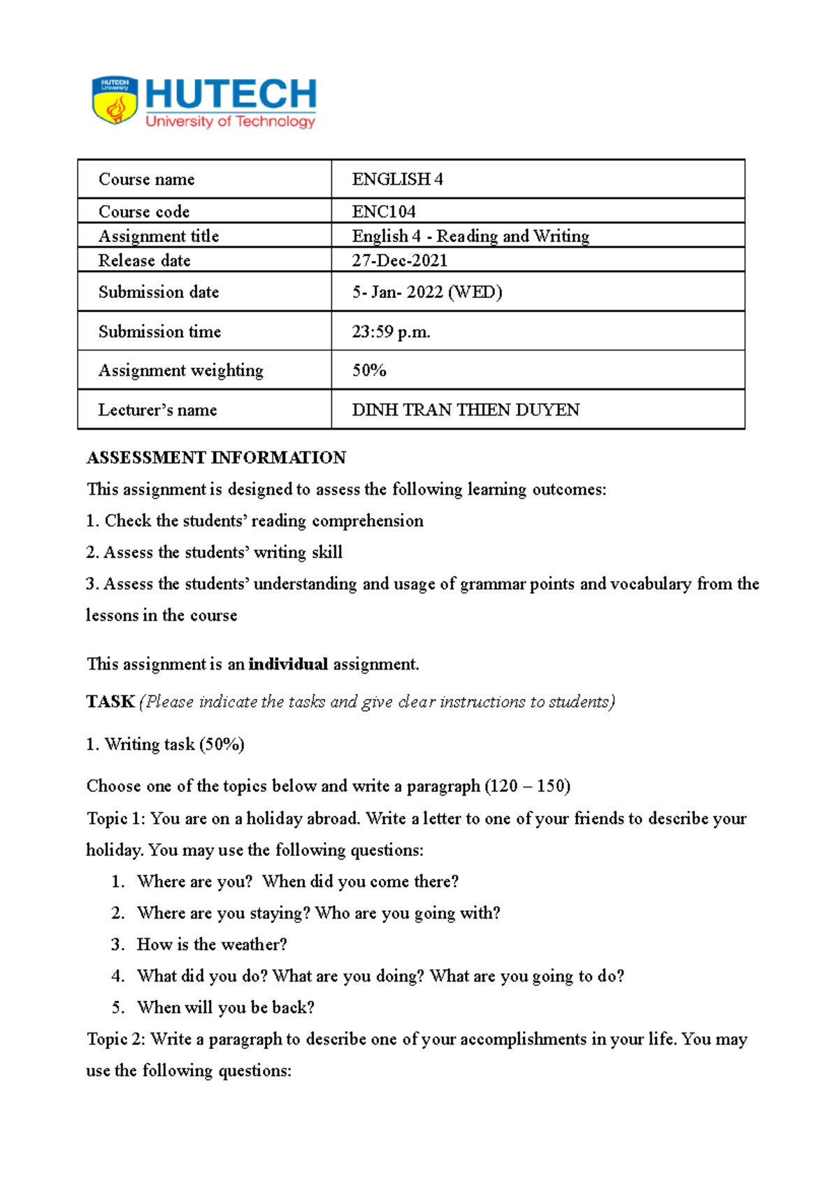 TEXT 2 PHƯỚC TÀI - tks - Course name ENGLISH 4 Course code ENC ...