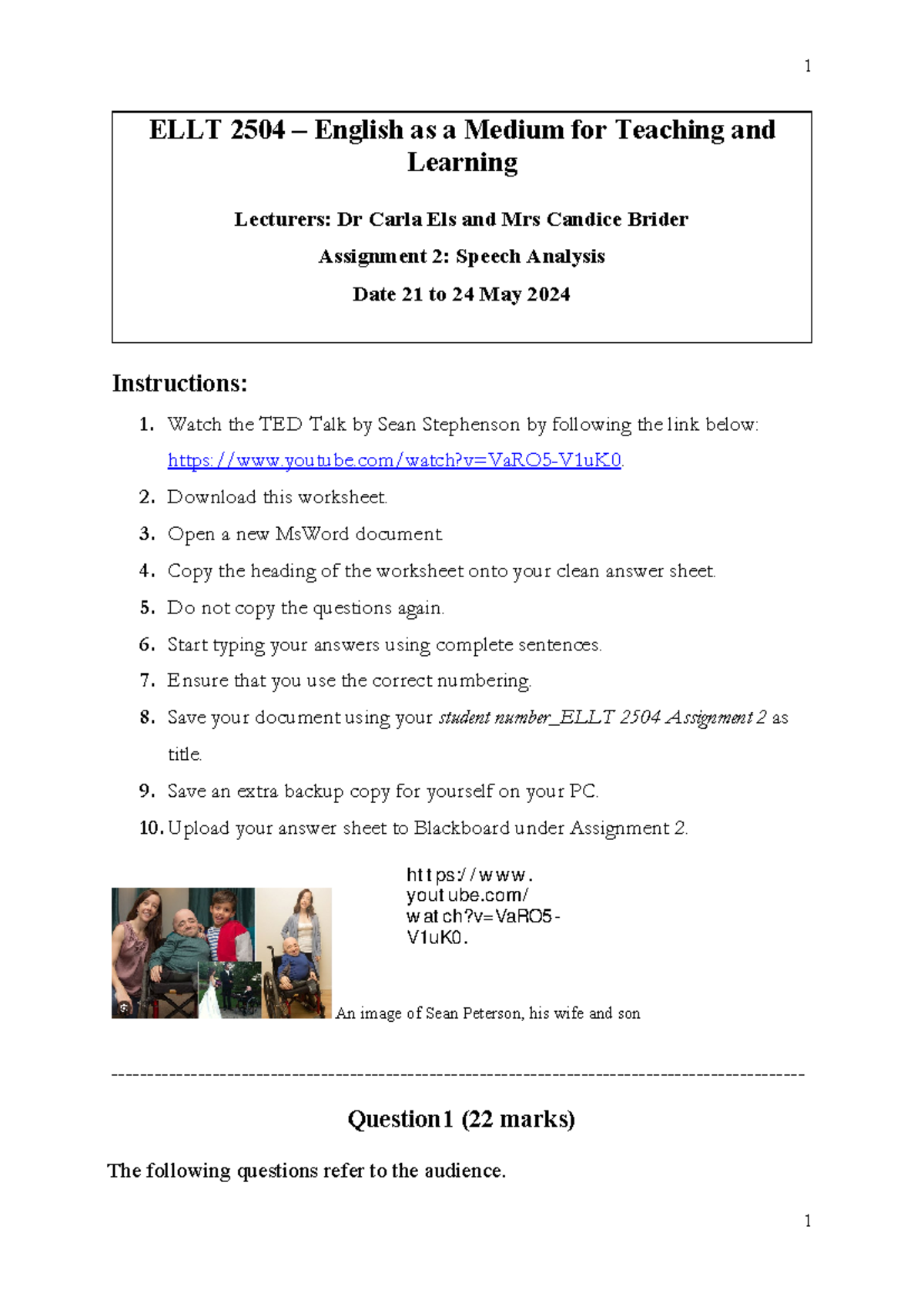 2024 ELLT 2504 Speech Analysis Question Paper Assignment 2 final - 1 1 ...