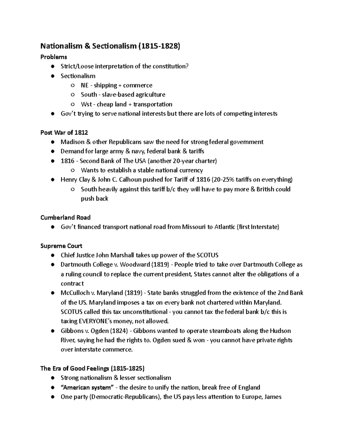 Exam 3 Notes - Nationalism & Sectionalism (1815-1828) Problems Strict ...