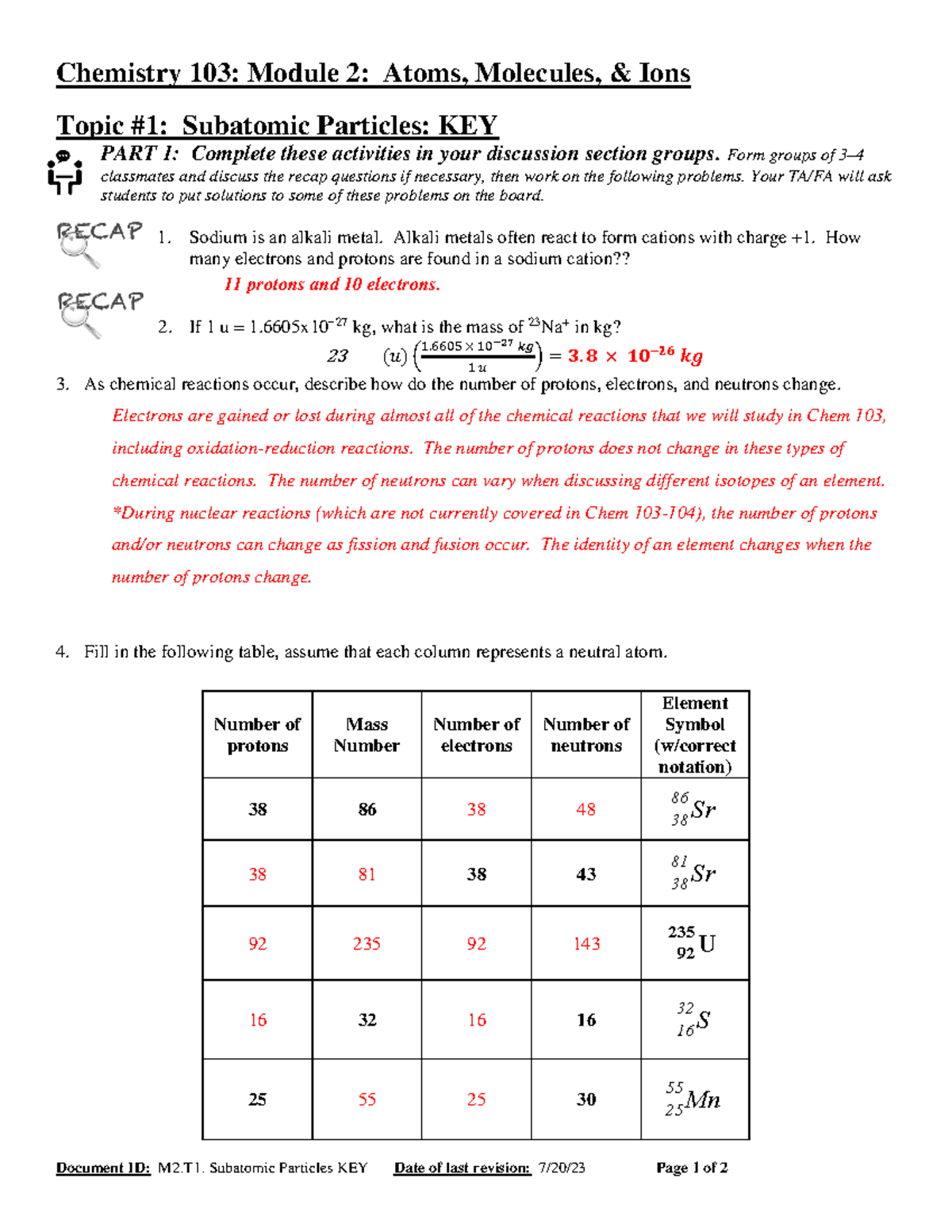 103 M2 T1 KEY 2023rev - Practice key - Document ID: M2. Subatomic ...