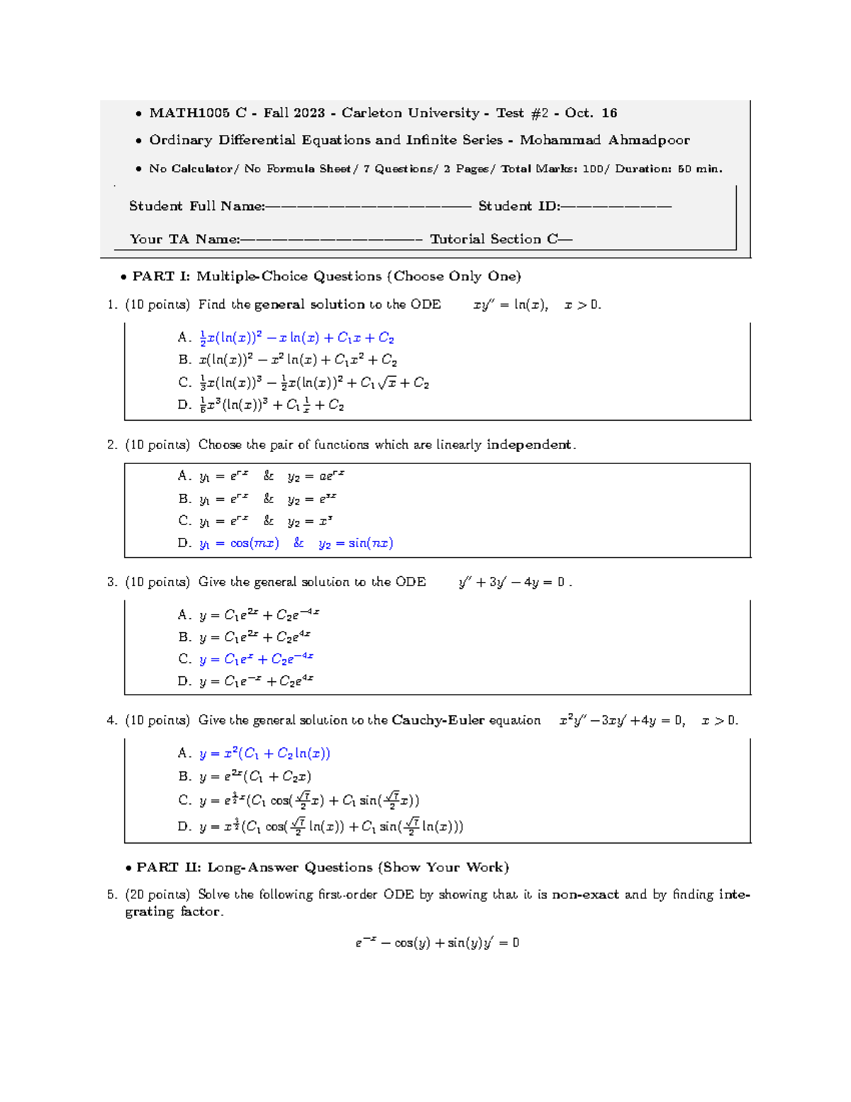 Test 2 - Solutions - MATH1005 C - Fall 2023 - Carleton University ...
