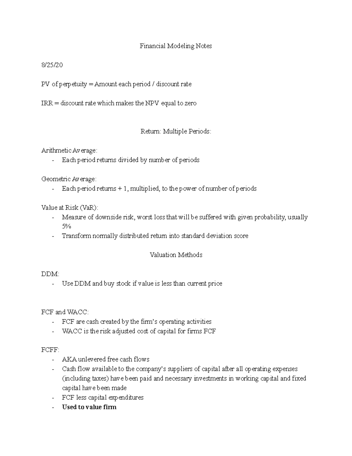Financial Modeling Notes - Financial Modeling Notes 8/25/ PV of ...