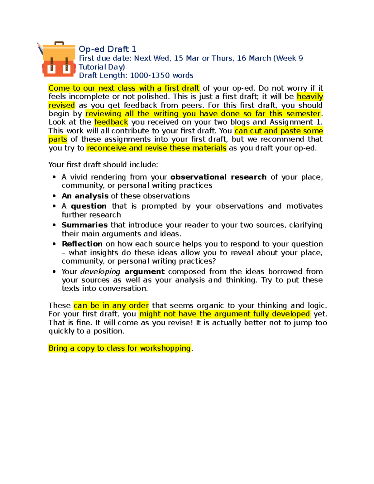CC0001 - Op-ed Draft 1 Directions - Op-ed Draft 1 First due date: Next Wed, 15 Mar or Thurs, 16 ...