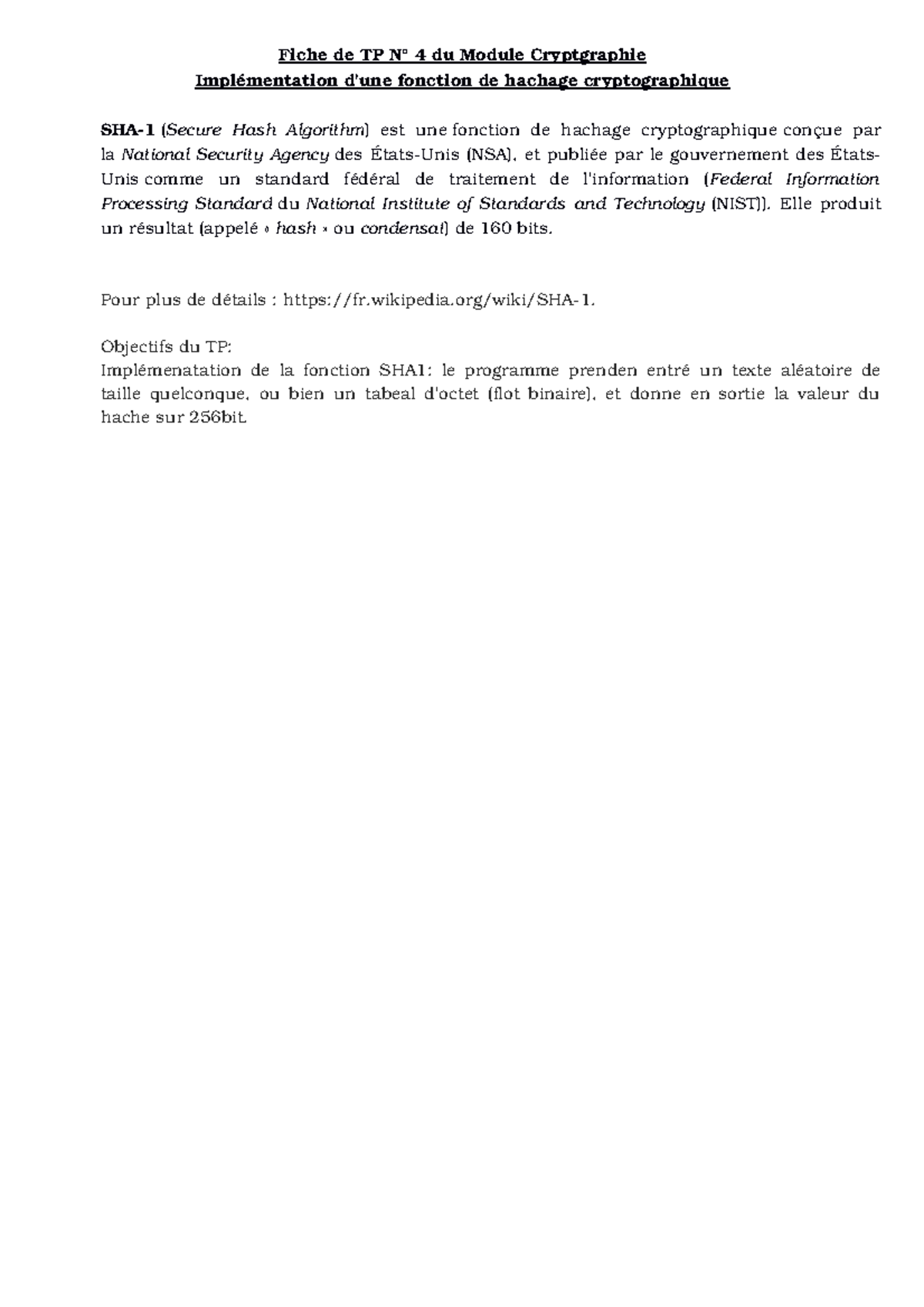 Fiche de TP 04 - TP4 - Fiche de TP N° 4 du Module Cryptgraphie Implémentation d'une fonction de ...