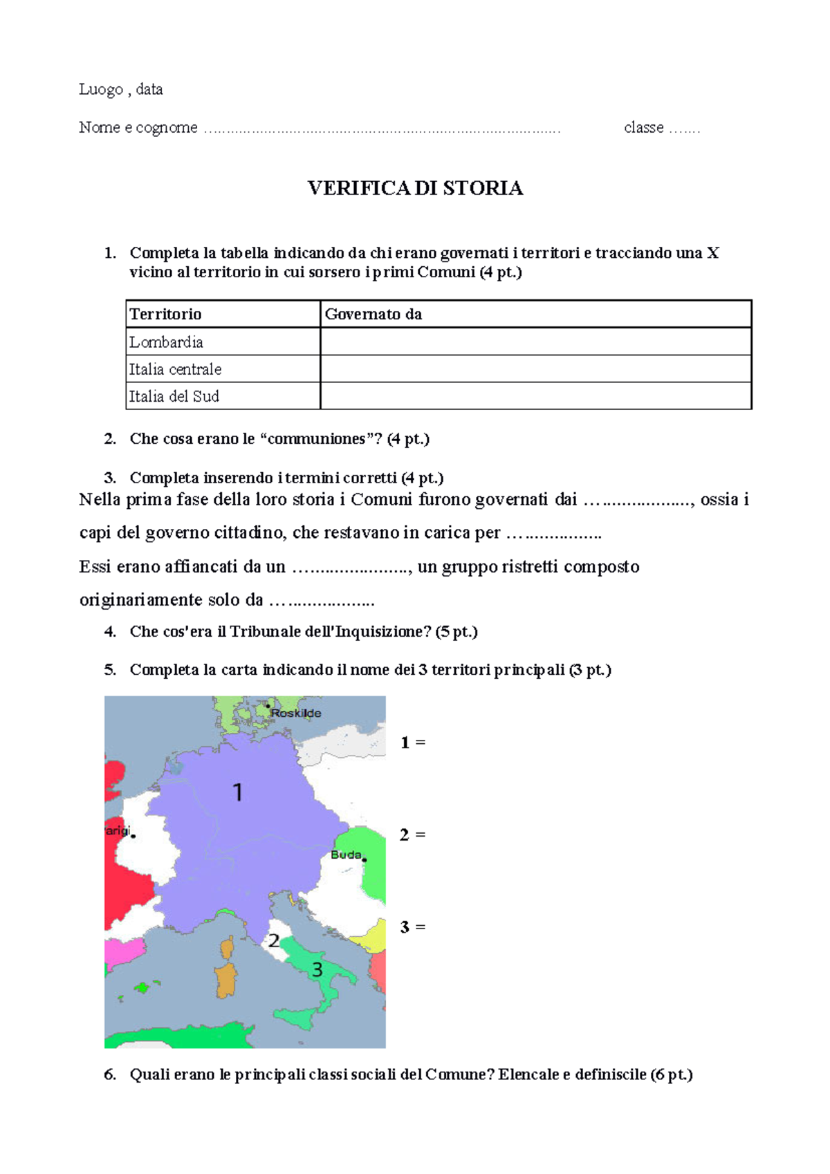 Verifica-storia-nascita-comuni-federico-barbarossa - Luogo , data Nome ...