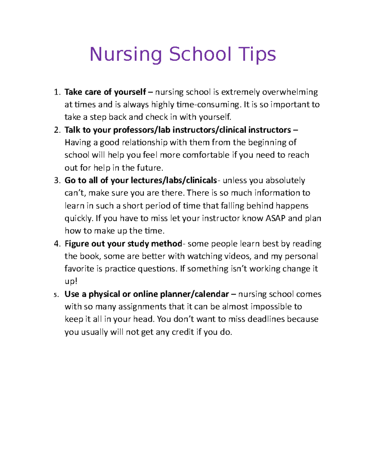 Nursing School Tips - Nursing School Tips Take care of yourself ...