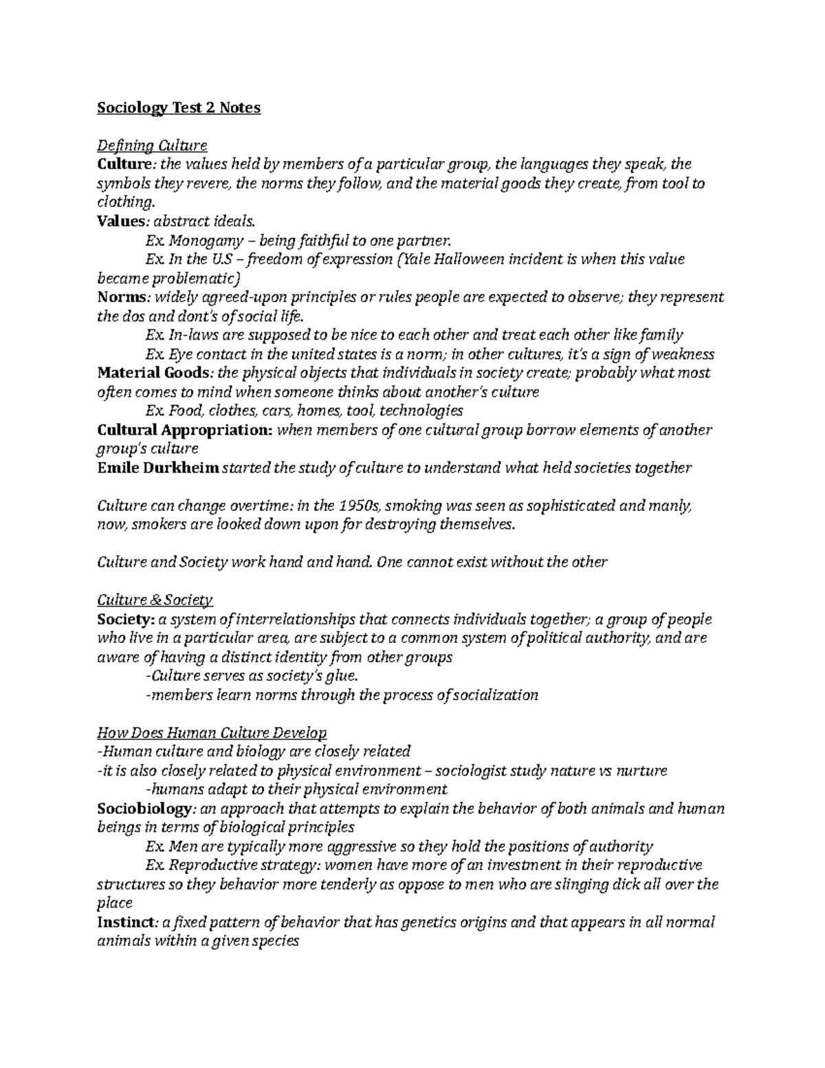 Sociology Test 2 Notes - Sociology Test 2 Notes Defining Culture ...