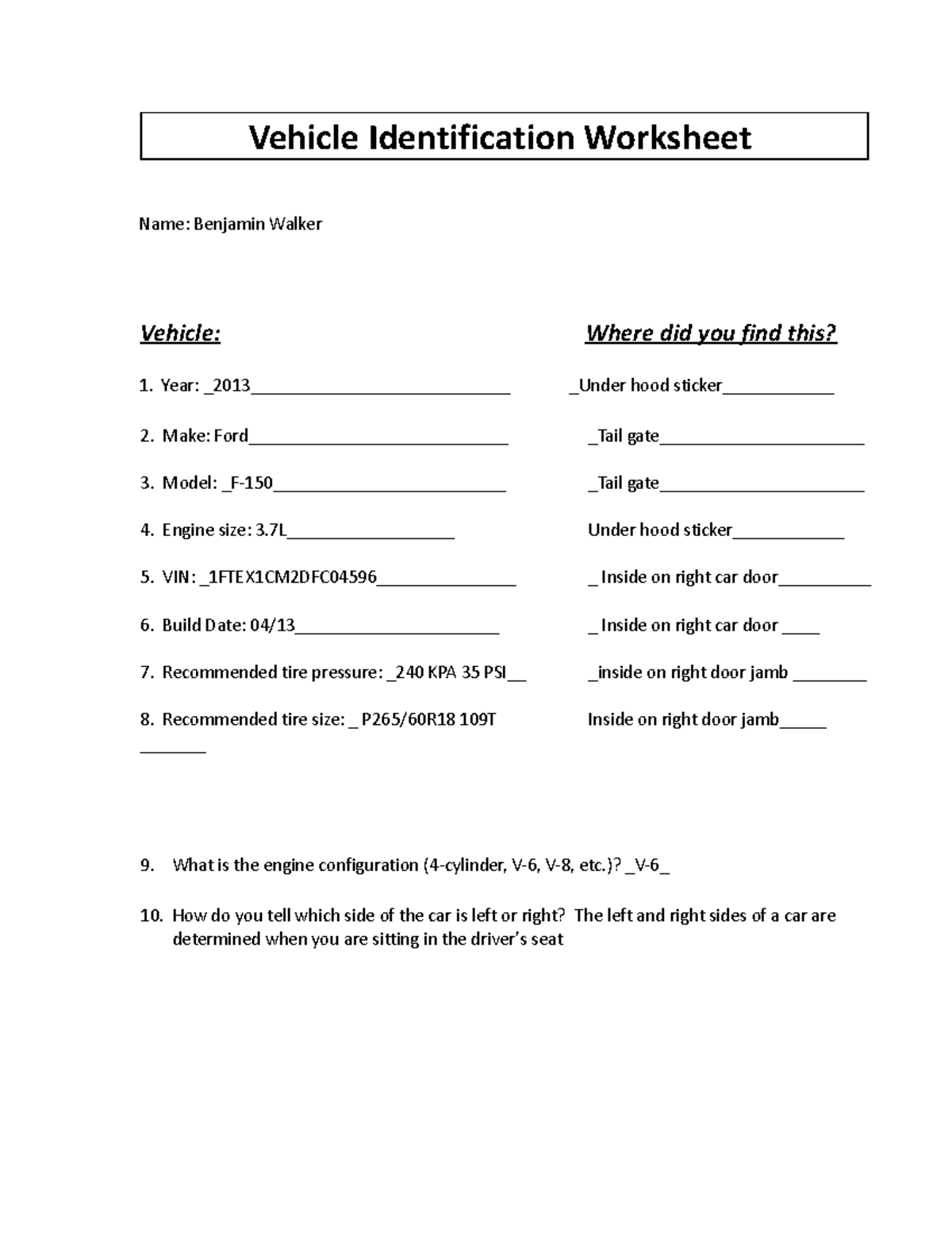 Vehicle identification worksheet 10 - Vehicle Identification Worksheet ...