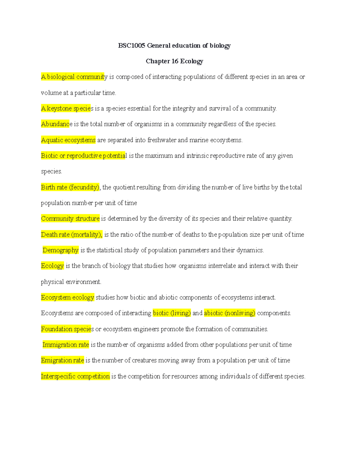 BSC1005 chapter 16 ecology - BSC1005 General education of biology ...