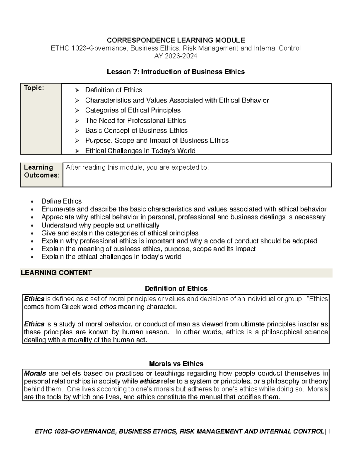 Week 7-ETHC 1023 - none - CORRESPONDENCE LEARNING MODULE ETHC 1023 ...