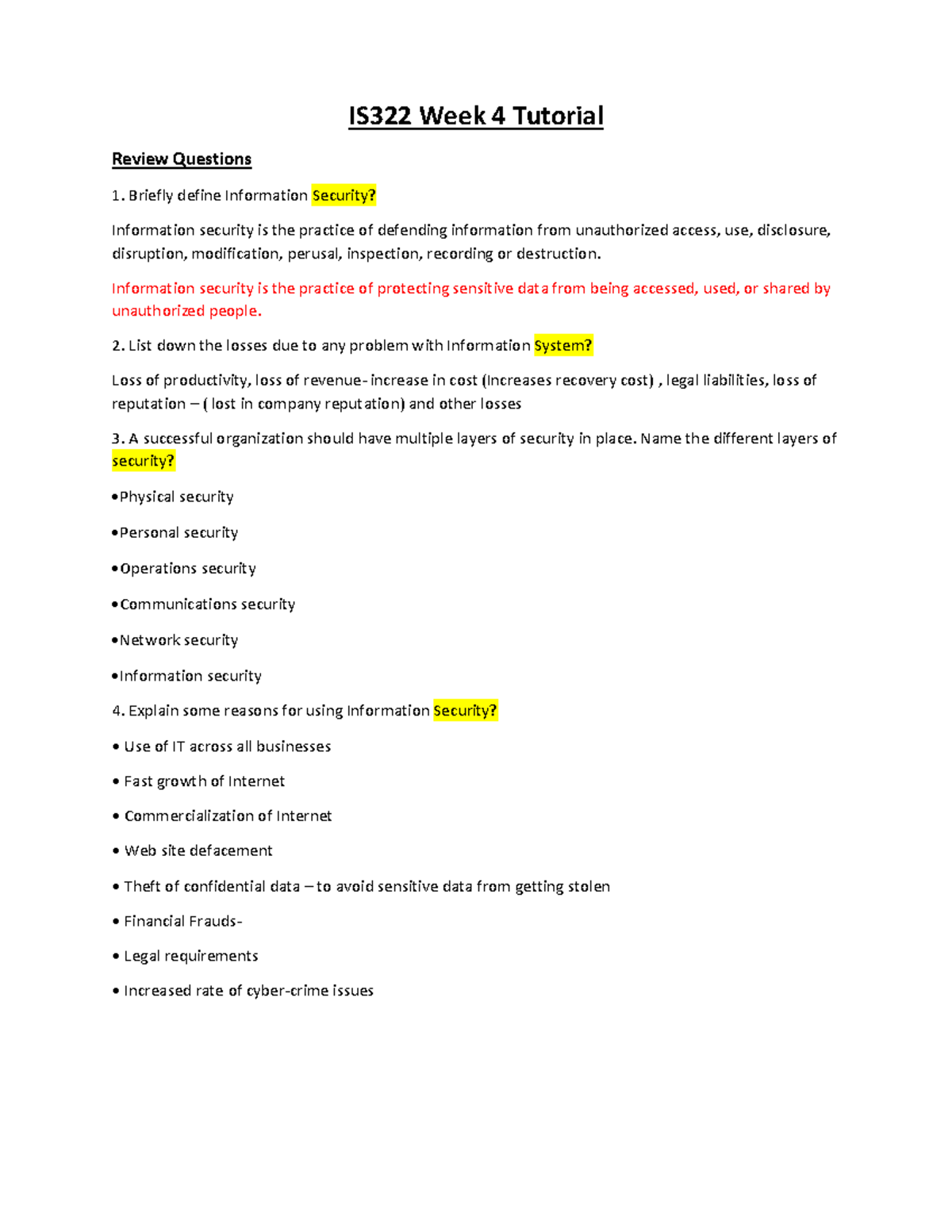 IS322 Week 4 solution - IS322 Week 4 Tutorial Review Questions Briefly define Information ...