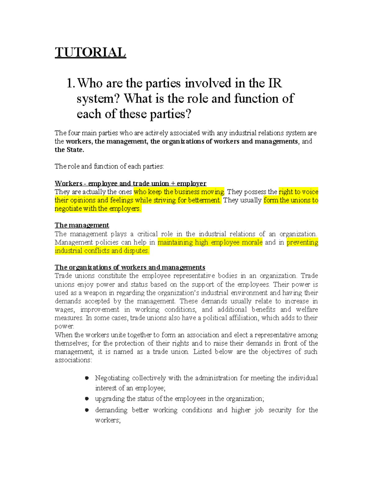 labour law tutorial (for reference only) - TUTORIAL 1 are the parties ...