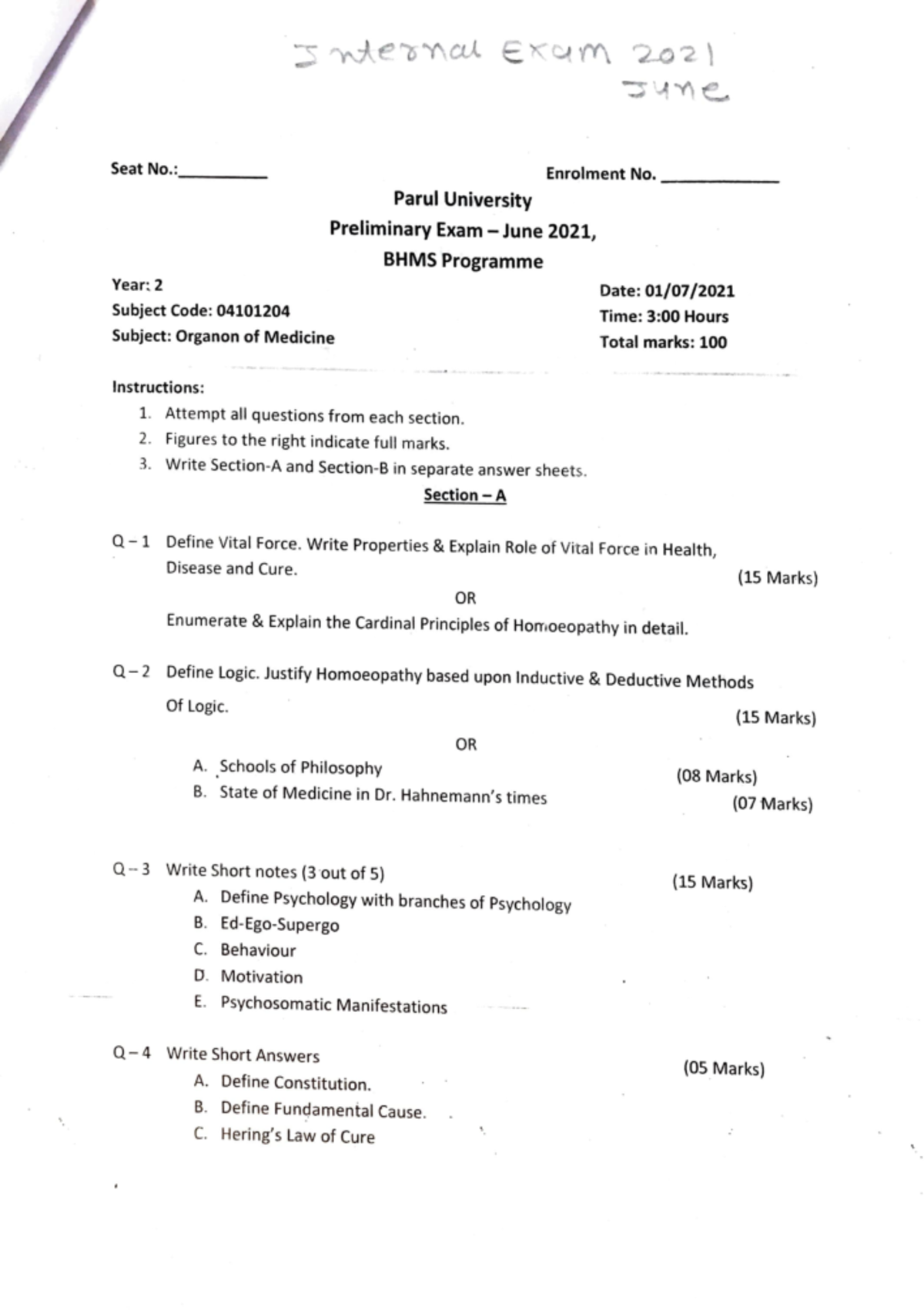 2nd BHMS Internal Exam Paper Organon of Medicine June 2021 - :s """e ...