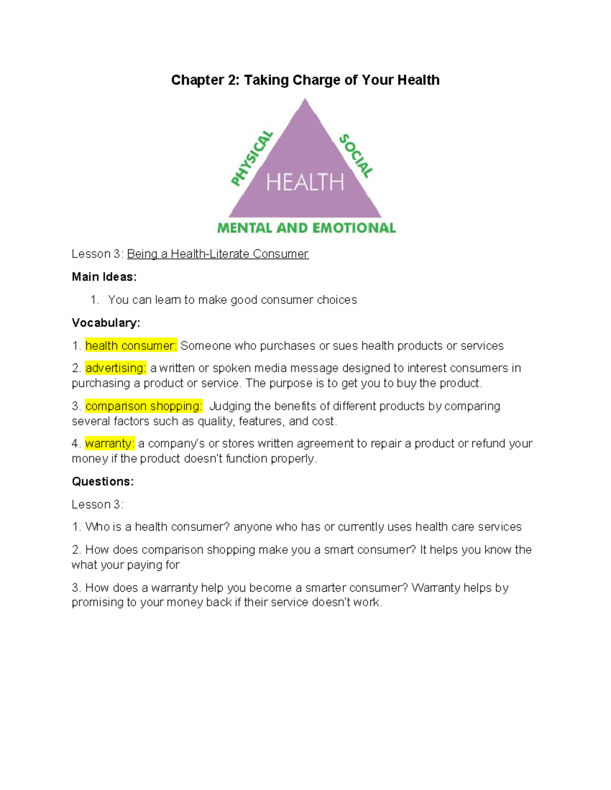 Health Chapter 2 Lesson 3 Assignment - Chapter 2: Taking Charge of Your ...